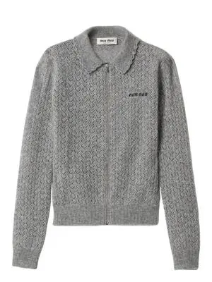 Miu Miu Cashmere And Silk Blend Cardigan With Crochet Trim - Grey