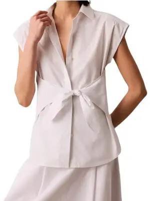 Calvin Klein Sleeveless Lapel Collar Shirt With Front Tie - White