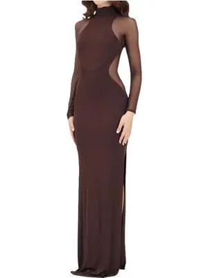 Elisabetta Franchi Sheer Paneled High Neck Maxi Dress - Brown