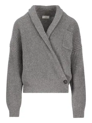 Brunello Cucinelli V-neck Wrap Cardigan With Shawl Collar - Gray
