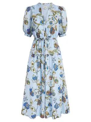 ME+EM Cotton Floral Garden Print Midi Dress - Blue