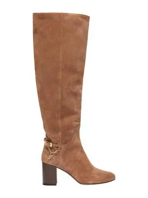 Marina Rinaldi Suede Knee High Boots With Block Heel And Chain Detail - Beige