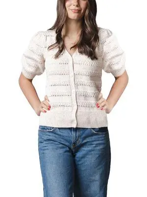 HOPE & HENRY Organic Puff Sleeve Button Front Sweater - Ivory Multi Fleck