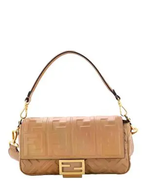 Fendi Fendi Baguette NM Bag Zucca Embossed Leather Medium Crossbody Bag Brown