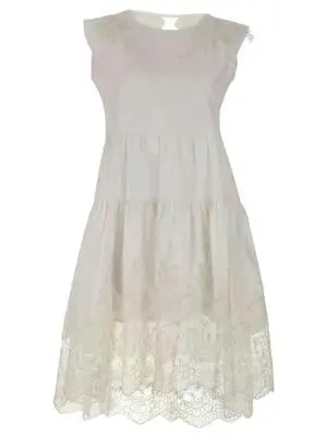 MAURIZIO MYKONOS Sleeveless Lace Insert Ruffled Midi Dress - White