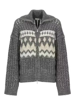 Peserico Sequin Embellished Perforated Zip-up Sweater - Grey