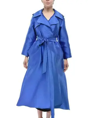 SUPER BLOND Satin Finish Belted Trench Coat - Blue