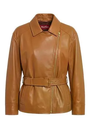 Max Mara Max Mara Giusto Belted Leather Biker Jacket Brown