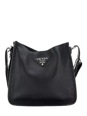 Prada Logo Strap Leather Medium Hobo Bag - Black
