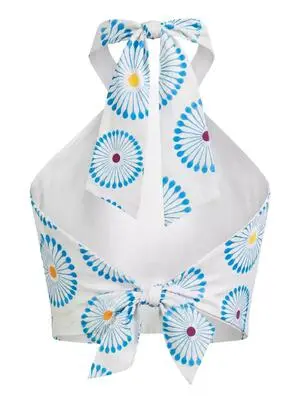 CALA DE LA CRUZ Floral Print Halterneck Cropped Top - White