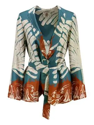 BYE FIRENZE Palma Leaf-print Belted Blazer - Blue