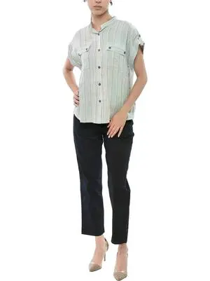 Woolrich Striped Band Collar Short Sleeve Shirt - Blue
