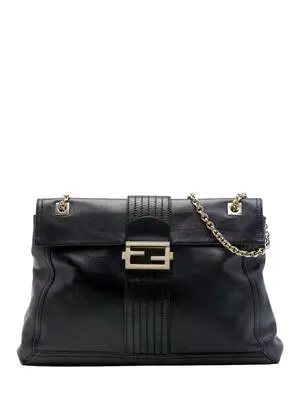 Fendi Leather Maxi Baguette Flap Shoulder Bag - Black