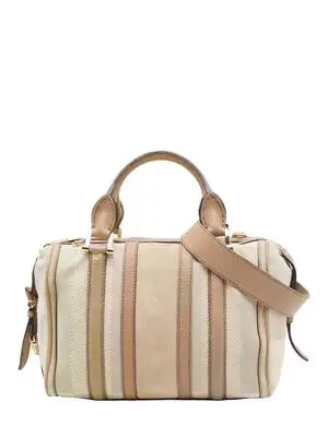 Burberry Suede Trimmed Canvas Bowling Bag Satchel - Brown