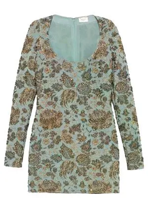 Saint Laurent Floral Brocade Mini Dress - Blue