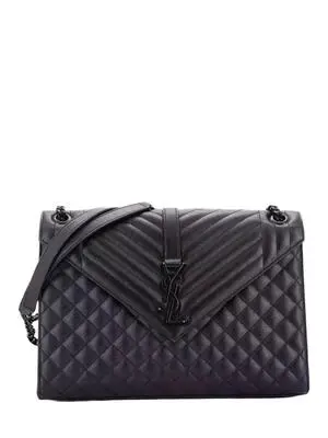 Saint Laurent Classic Monogram Envelope Satchel Mixed Matelasse Leather Large Shoulder Bag - Black
