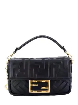Fendi Baguette Nm Bag Zucca Embossed Leather Mini Crossbody Bag - Black