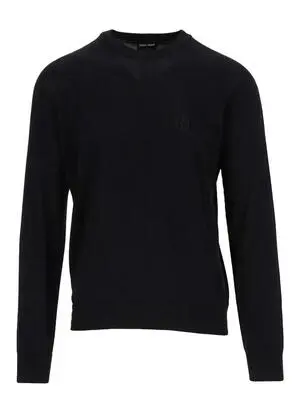 Giorgio Armani Virgin Wool Sweater With Embroidered Logo - Black