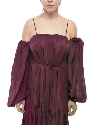SUPER BLOND Off-the-shoulder Maxi Dress With Puff Sleeves And Tie Belt - Purple