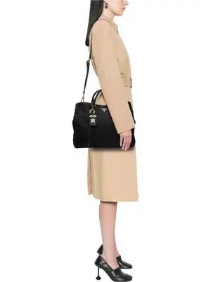 Prada Vitello Daino Trimmed Tessuto Satchel - Black