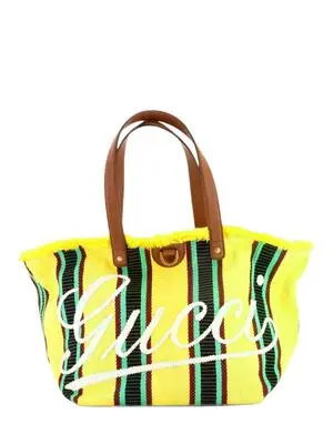 Gucci Script Open Embroidered Stripe Canvas With Leather Medium Tote Bag - Multicolour
