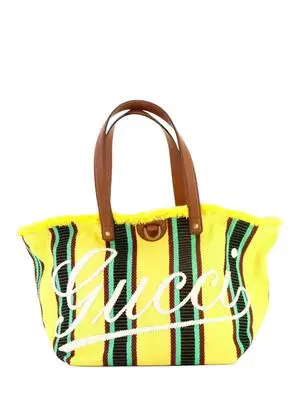 GUCCI Gucci Script Open Embroidered Stripe Canvas With Leather Medium Tote Bag