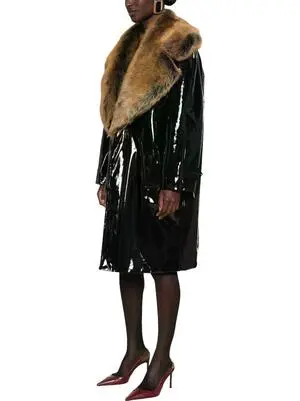 Saint Laurent Patent Finish Coat With Fur Collar - Black