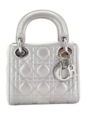 Dior Christian Dior Lady Dior Chain Bag Cannage Quilt Iridescent Leather Mini Satchel Silver