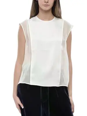 GENNY Sleeveless Satin-chiffon Paneled Top - White