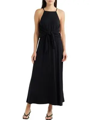 Loveappella Maxi Dress With Tied Waist And Apron Bodice - Black