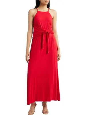 Loveappella Maxi Dress With Tied Waist And Apron Bodice - Red