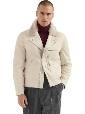 Brunello Cucinelli Nappa Leather Biker Jacket With Detachable Shearling Collar - Ivory