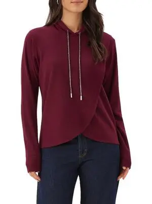 Karen Kane Karen Kane Rhinestone Drawstring Crossover Hoodie Wine