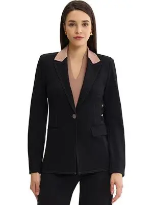 Misook Tailored Luxestretch Contrast Stitch Blazer - Black/charmeuse