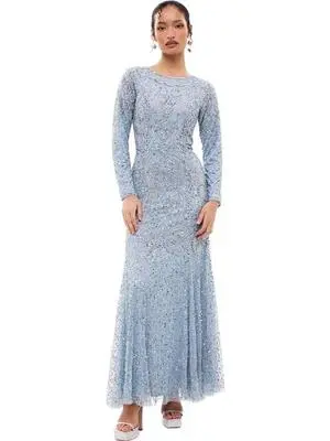 MARYISA Embellished Sequined Fitted Maxi Dress - Blue