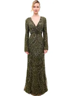 BEAUUT Embellished Sequin Geometric Gown - Olive