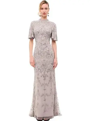 BEAUUT Embellished High Neck Gown - Grey