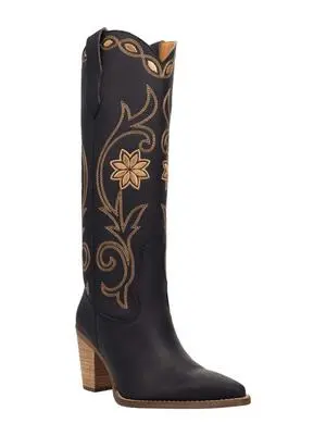 DINGO Dingo Miss Daisy Knee-High Western Boots With Floral Embroidery Black