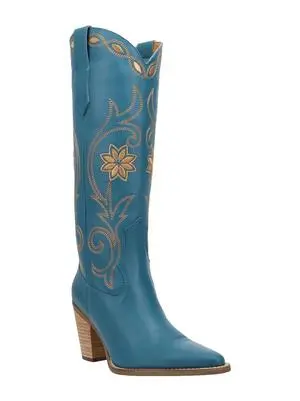 DINGO Dingo Miss Daisy Knee-High Western Boots With Floral Embroidery Blue