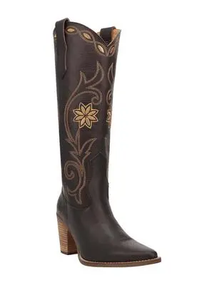 DINGO Dingo Miss Daisy Knee-High Western Boots With Floral Embroidery Brown