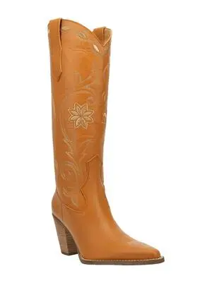 DINGO Dingo Miss Daisy Knee-High Western Boots With Floral Embroidery Orange
