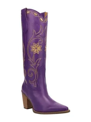 DINGO Dingo Miss Daisy Knee-High Western Boots With Floral Embroidery Purple