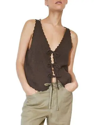 Mango Scalloped Double Gauze Tie-front Top - Chocolate