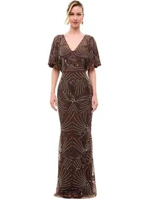 BEAUUT Embellished Sequin V-neck Gown - Chocolate
