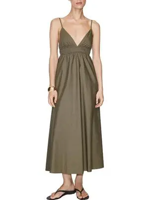 Mango V-neck Shirred Lyocell Blend Midi Dress - Green
