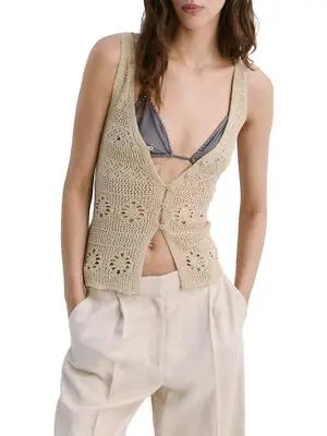 Mango Crocheted Button-Front Sleeveless Vest Sand