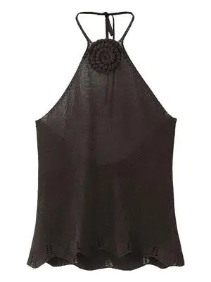 Mango Floral Crocheted Halter Top - Chocolate
