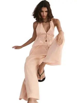 Mango Striped Pleated Wide Leg Pants - Orange