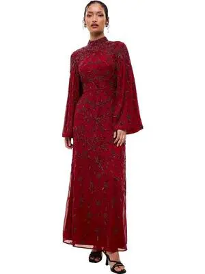 MARYISA Embellished High Neck Gown - Maroon