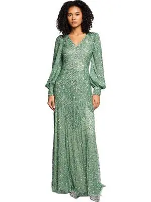 BEAUUT Embellished Sequins V-neck Gown - Green